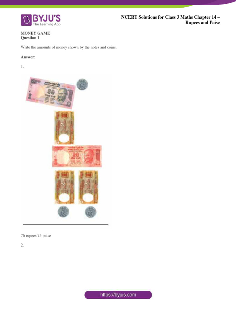 NCERT Solutions For Class 3 Maths Chapter 14 Rupees and Paise | PDF