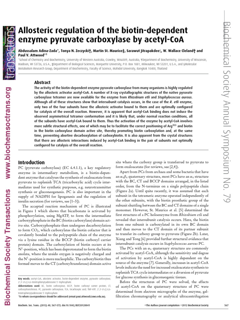 Allosteric Regulation of The Biotin-Dependent Enzyme Pyruvate ...
