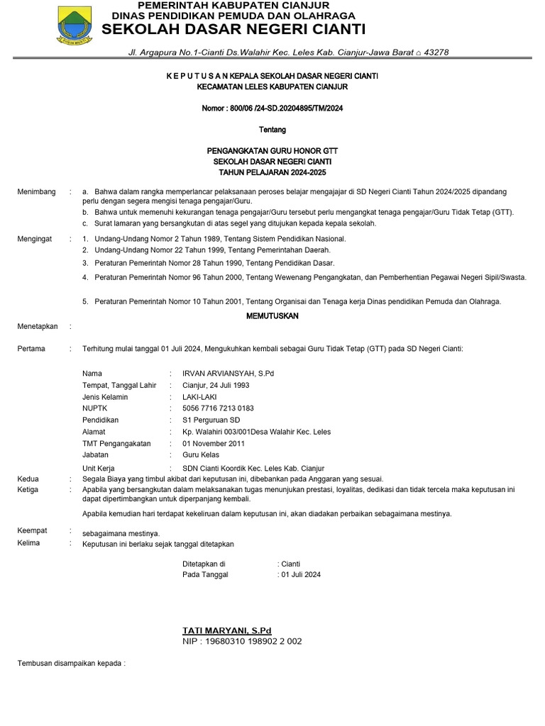 SK Honor Angkatn 2024 Dan SKBM 2024-2025 | PDF