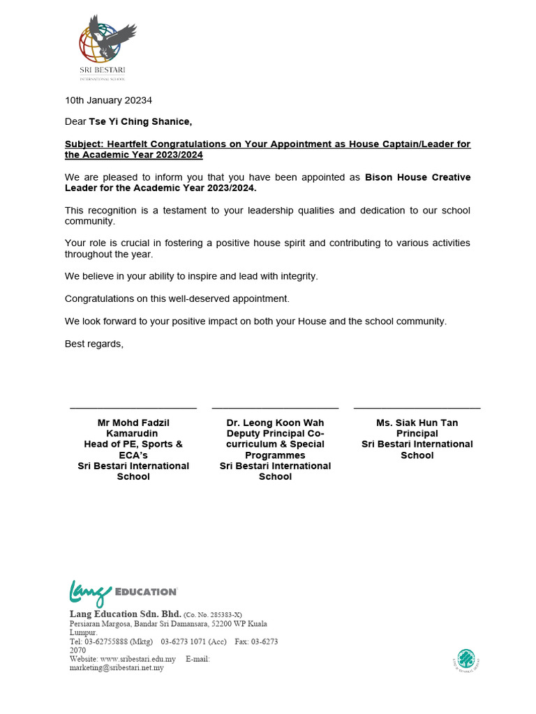 House Captain and House Leader Appoiment Letter | PDF