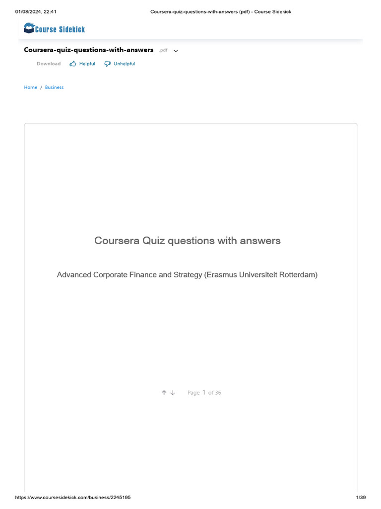 Coursera Quiz Questions With Answers (PDF) Course Sidekick | PDF | Cost ...