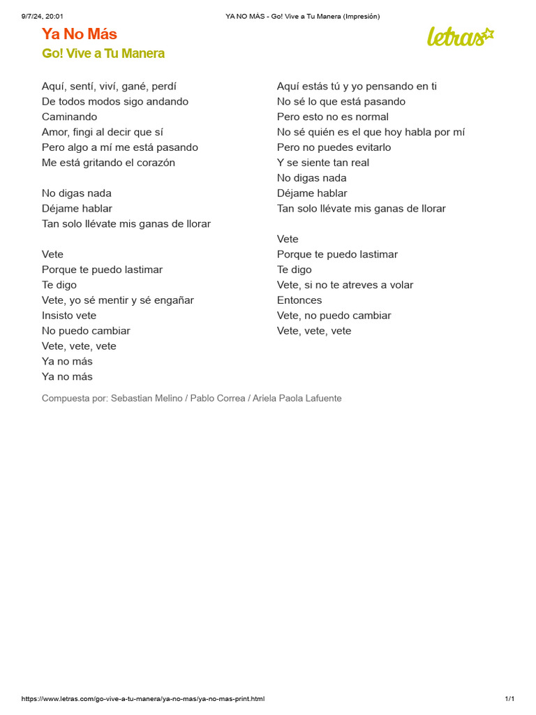 Letra de "Ya No Más" - Go! Vive a Tu Manera | PDF