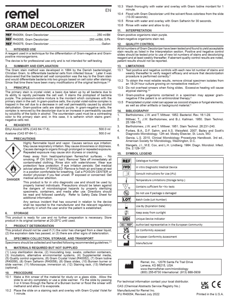 Gram Strain Decolorizer Remel | PDF | Staining | Microbiology