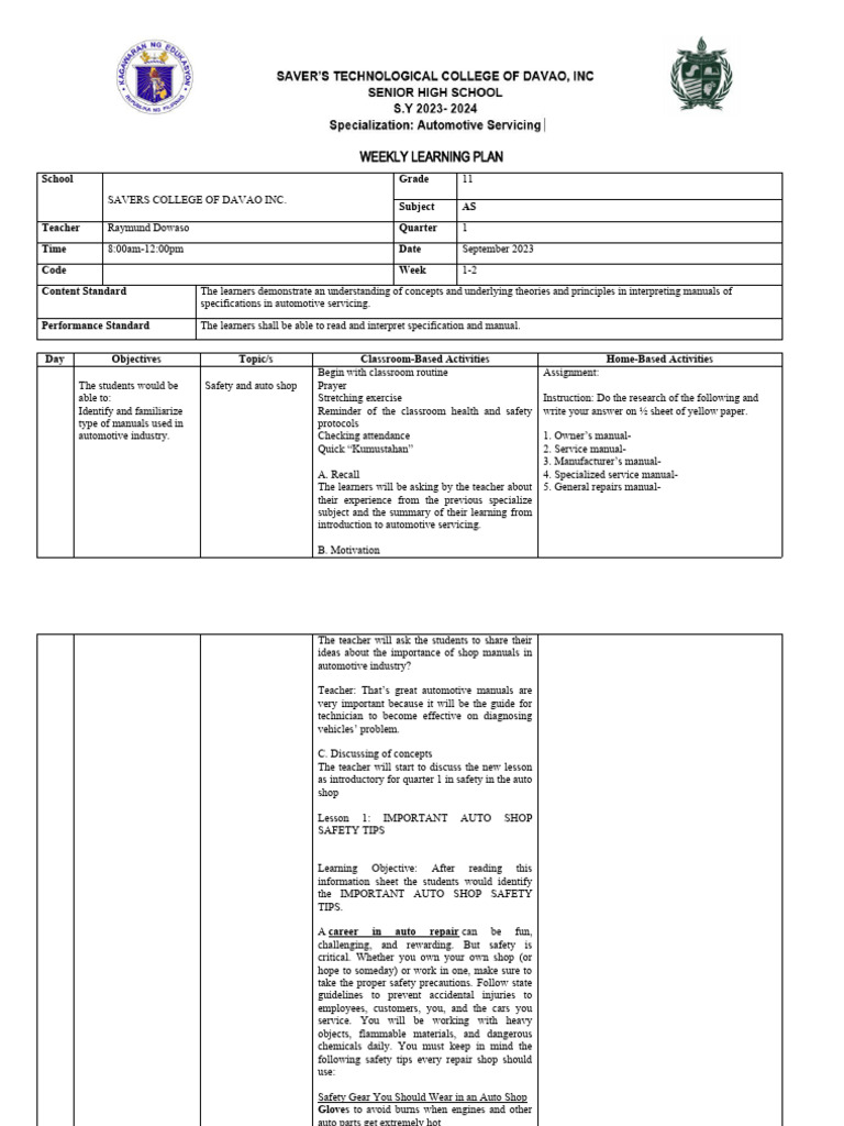 ATS 1 Q1 Week 1 2 Learning Plan G11 | PDF | Learning | Waste