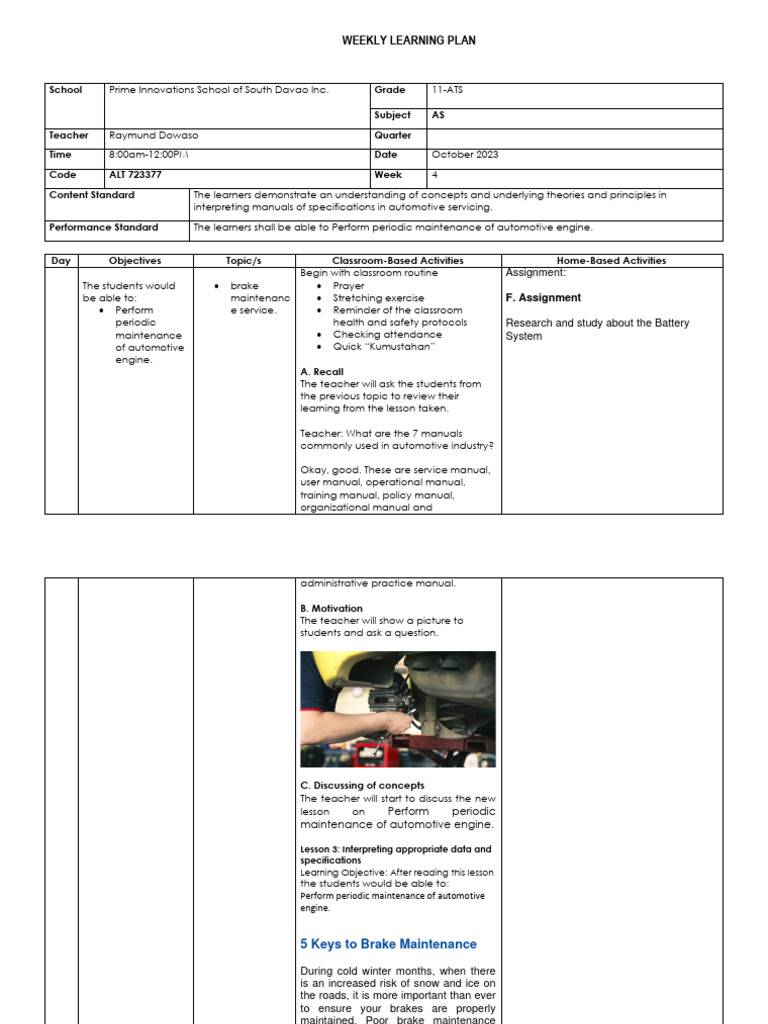 As Q2 Week 4 Learning Plan G11 | PDF | Brake | Vehicle Technology