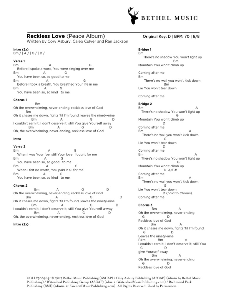 Reckless Love Chord Chart Peace | PDF | Christian Music | Pop Music