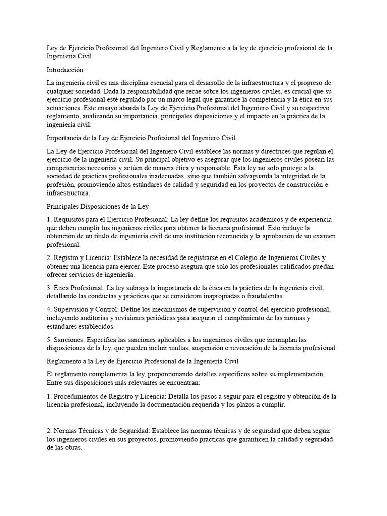 Ley de Ejercicio Profesional Del Ingeniero Civil y Reglamento A La Ley ...