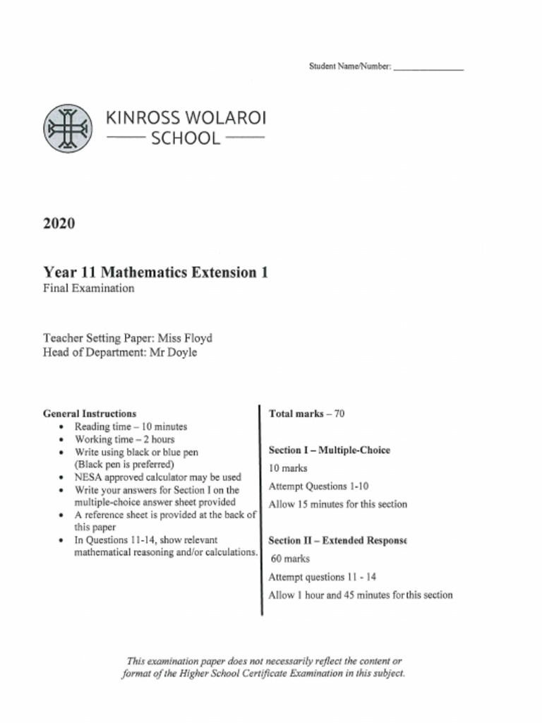 2020 Yr11 Mathematics EXT1 Final Exam | PDF