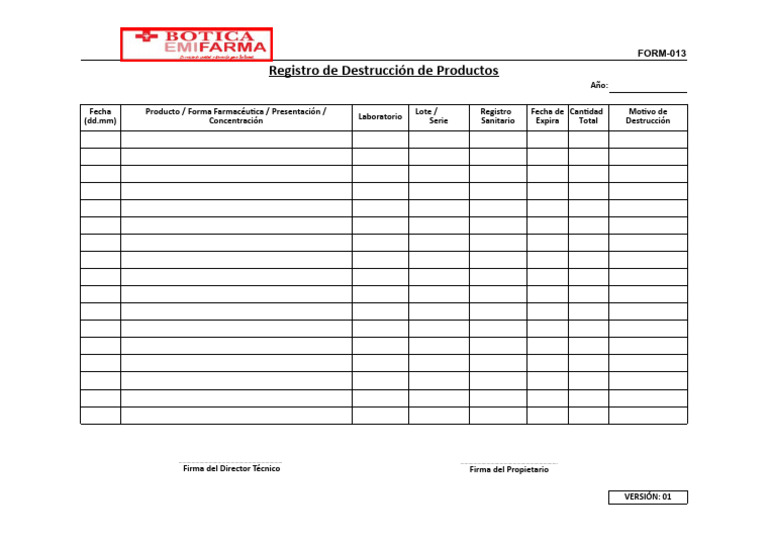 Form 013 Registro de Destrucción de Productos | PDF