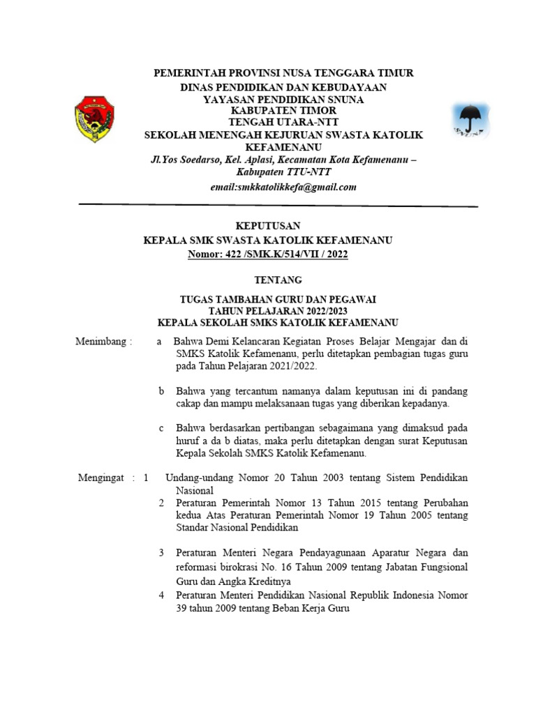 SK Pembagian Tugas Tahun 2022-2023 | PDF