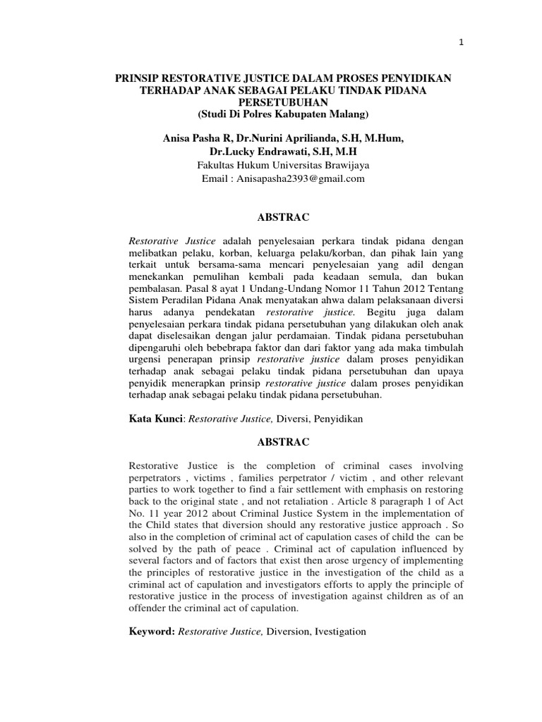 ID Prinsip Restorative Justice Dalam Proses Penyidikan Terhadap Anak Sebagai Pelaku | PDF | Ilmu ...