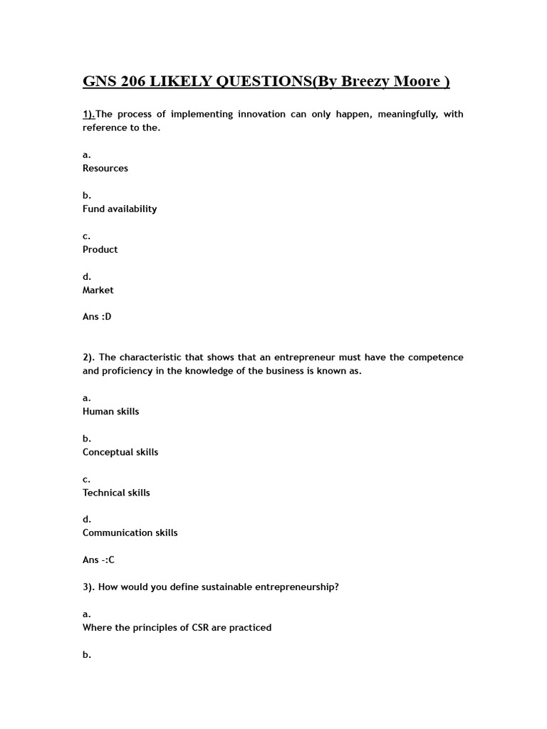 Gns 206 Likely Questions (By Breezymoore) | PDF | Entrepreneurship ...