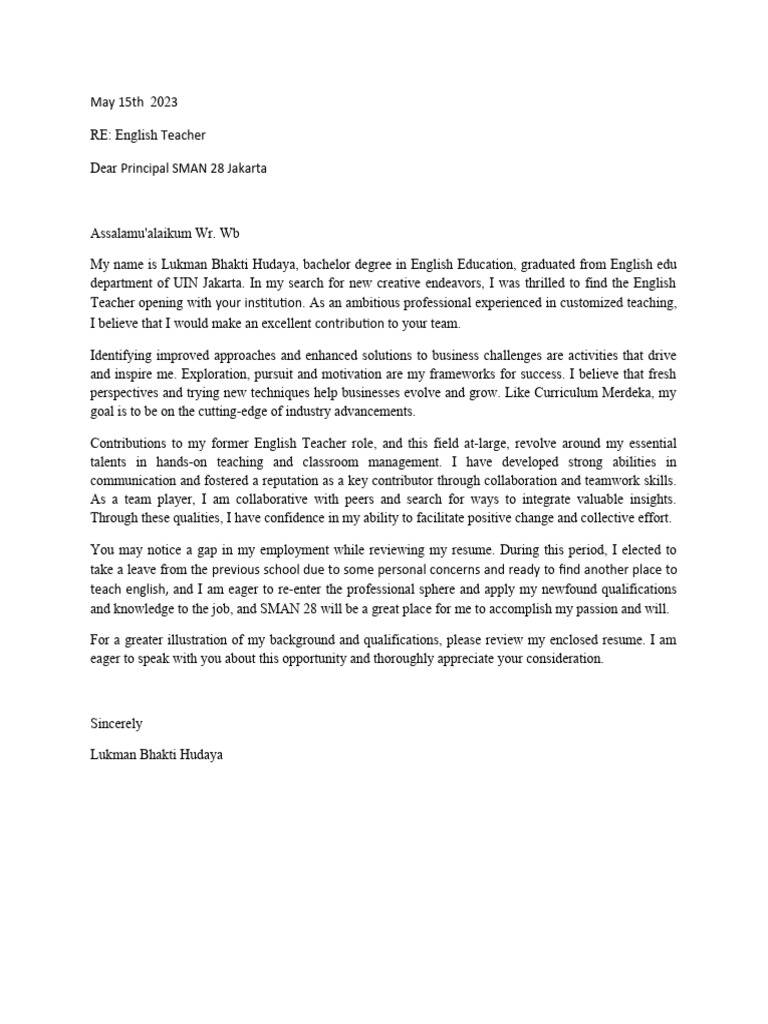 English Teacher Application Letter | PDF | Self-Improvement