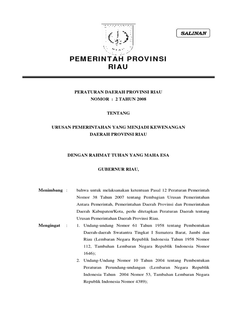 Perda No 2 Tahun 2008 Tentang Urusan Pemerintahan Yang Menjadi Kewenangan Daerah | PDF | Politik