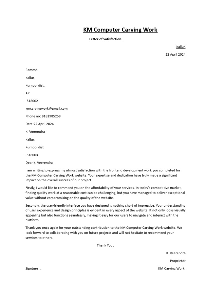 KM Carving Work Satisfaction Letter | PDF