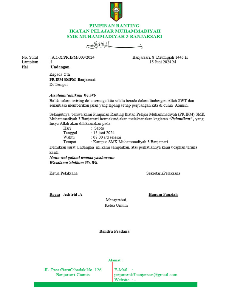 Undangan Pelantikan PR IPM SMK 3 Banjarsari | PDF
