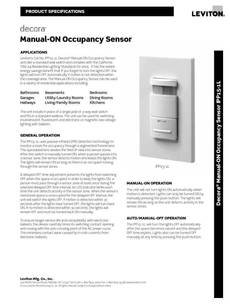 Manual-ON Occupancy Sensor: Product Specifications | PDF | Lighting | Electrical Components