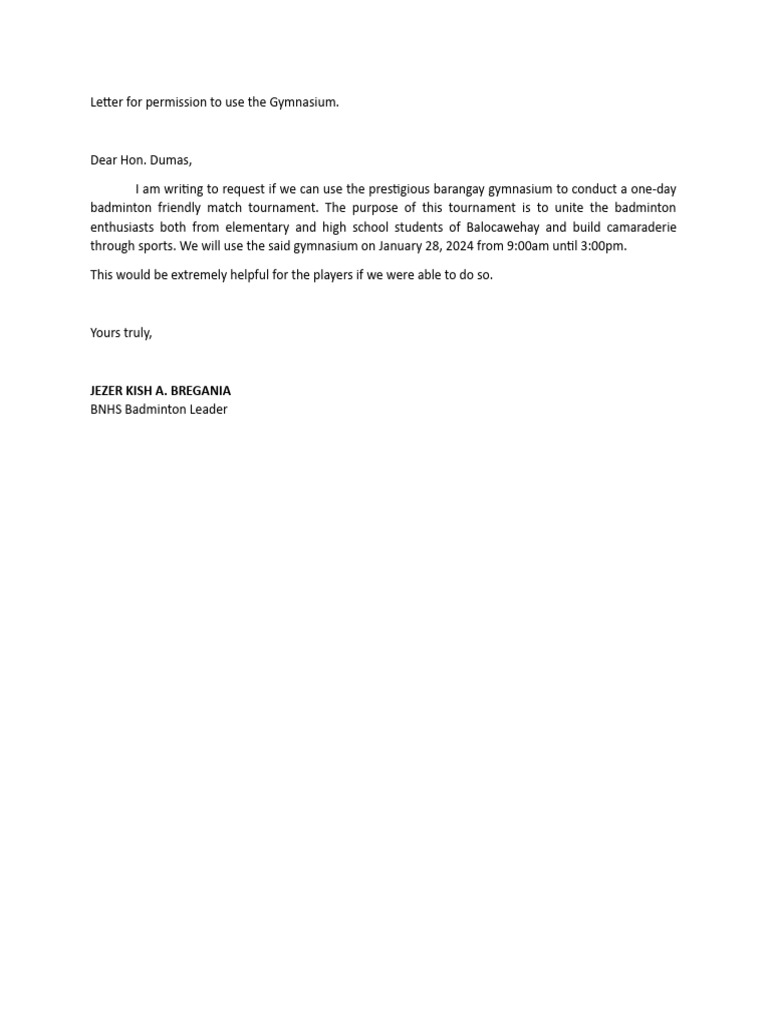 Request to Use Barangay Gymnasium for Badminton Tournament | PDF