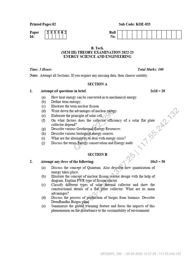 Btech Oe 3 Sem Energy Science and Engineering Koe 033 2023 | PDF ...