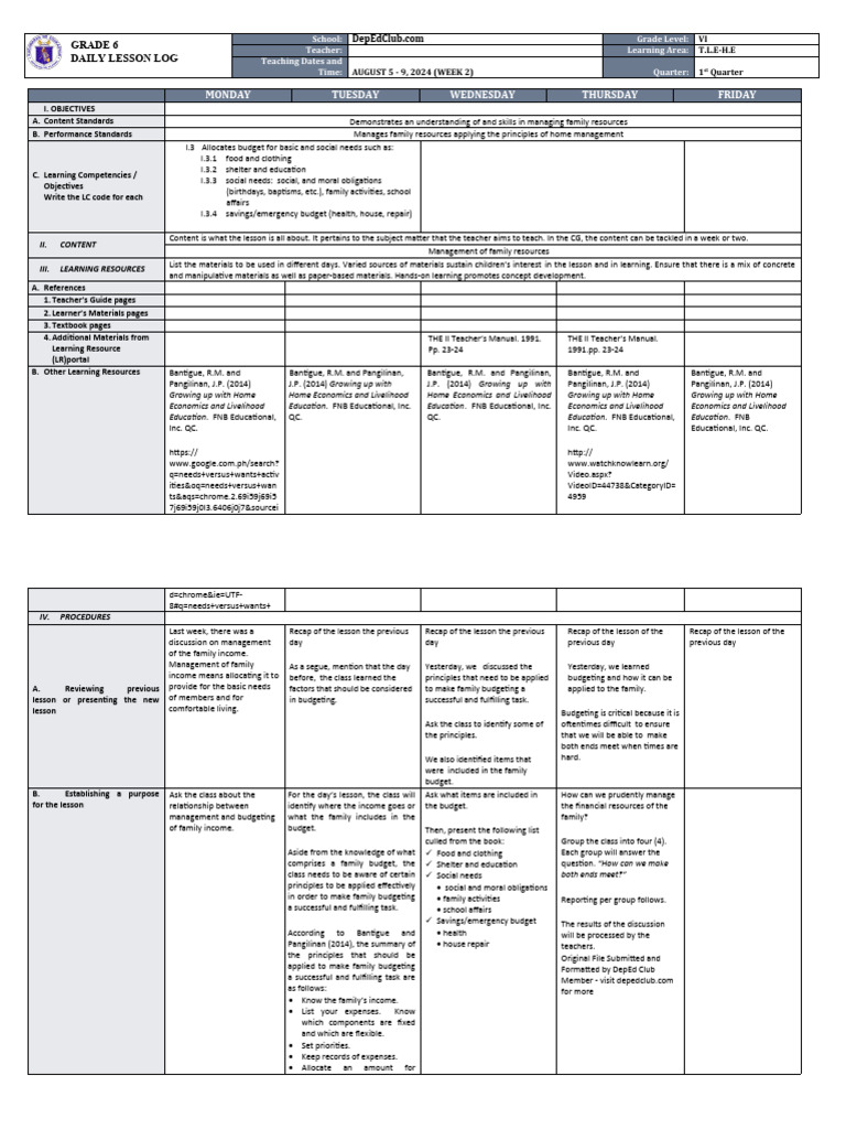 DLL Tle-He 6 q1 w2 | PDF | Learning | Behavior Modification