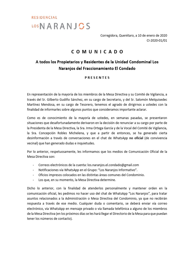 Comunicado Interno Los Naranjos Enero-2020!01!01 v2 | PDF | Condominio
