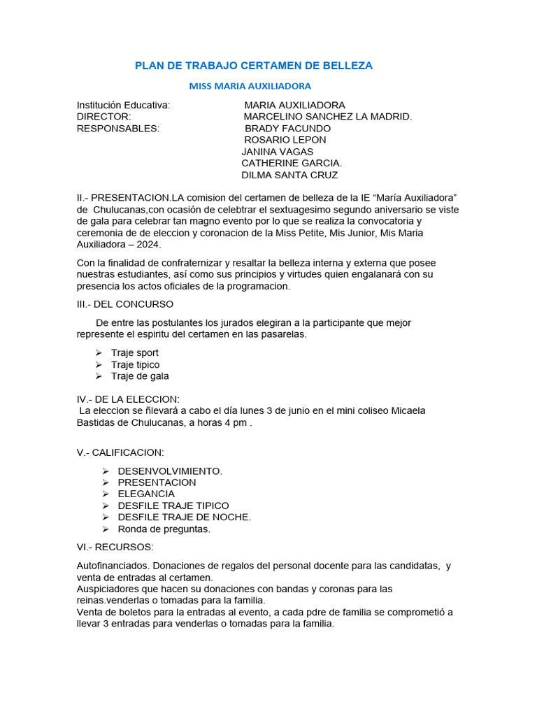 Plan de Trabajo Certamen de Belleza | PDF