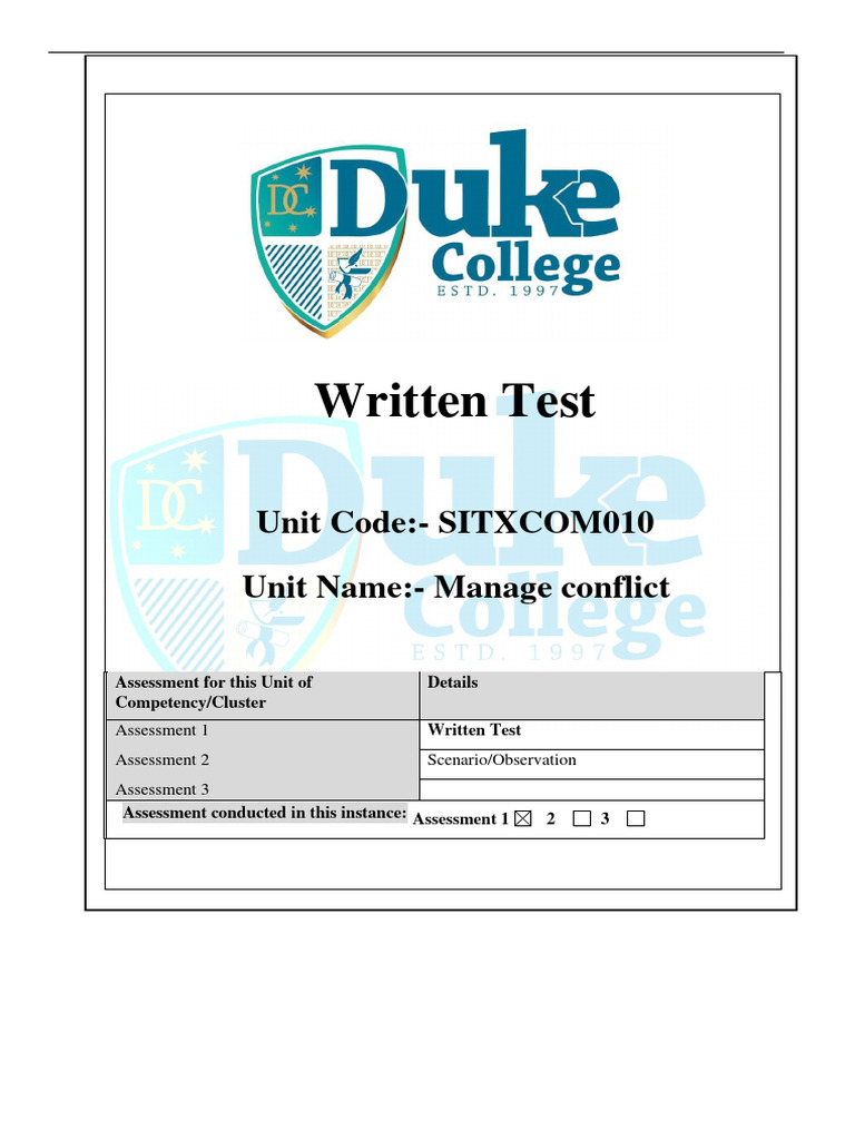 SITXCOM010 Manage Conflict Written Test | PDF | Communication | Mediation