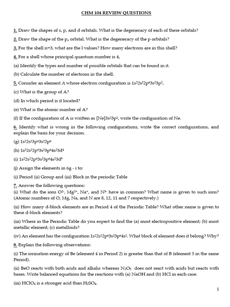CHM 104 Tutorial Questions | PDF | Hydroxide | Atomic Orbital