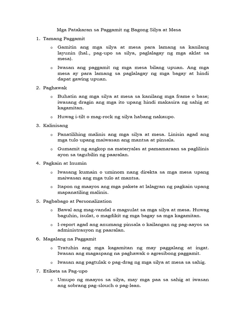 Mga Patakaran Sa Paggamit NG Bagong Silya at Mesa | PDF