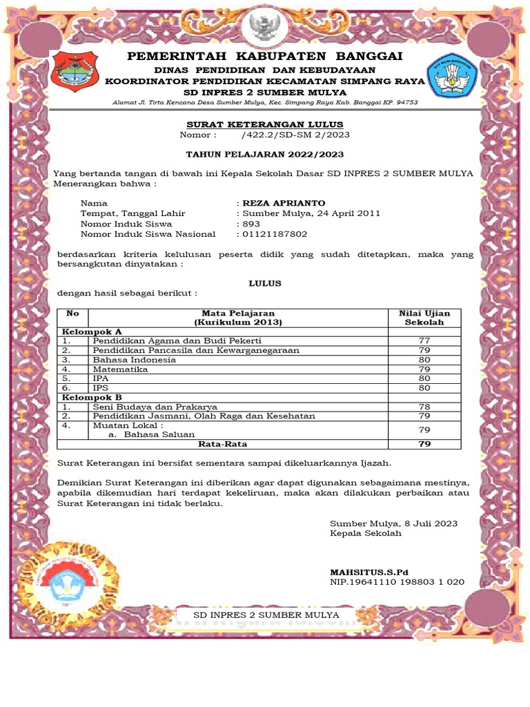 Surat Keterangan Lulus SD 2 SPF | PDF