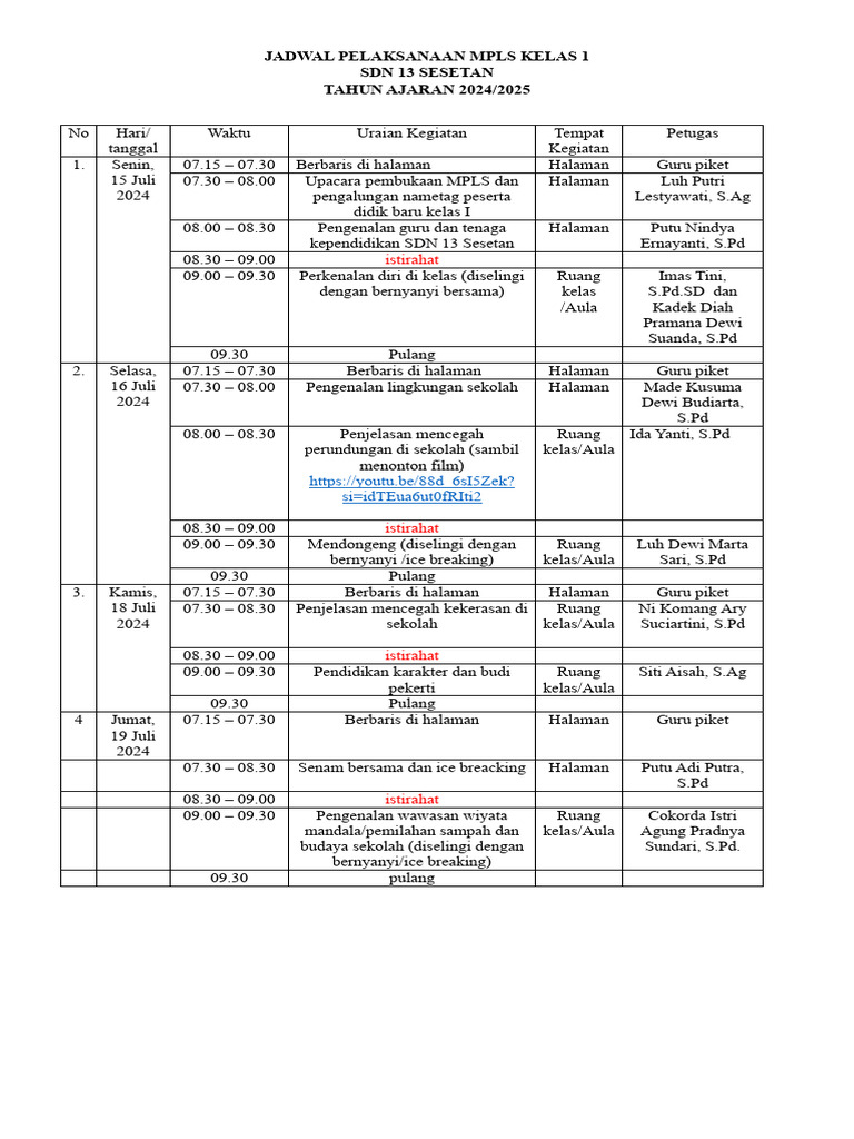 Jadwal Pelaksanaan MPLS Kelas 1 | PDF