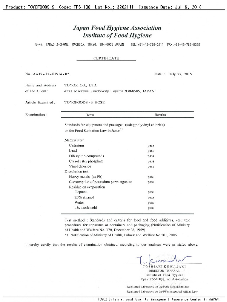 Toyox Hose - Certificate Food Hygene | PDF