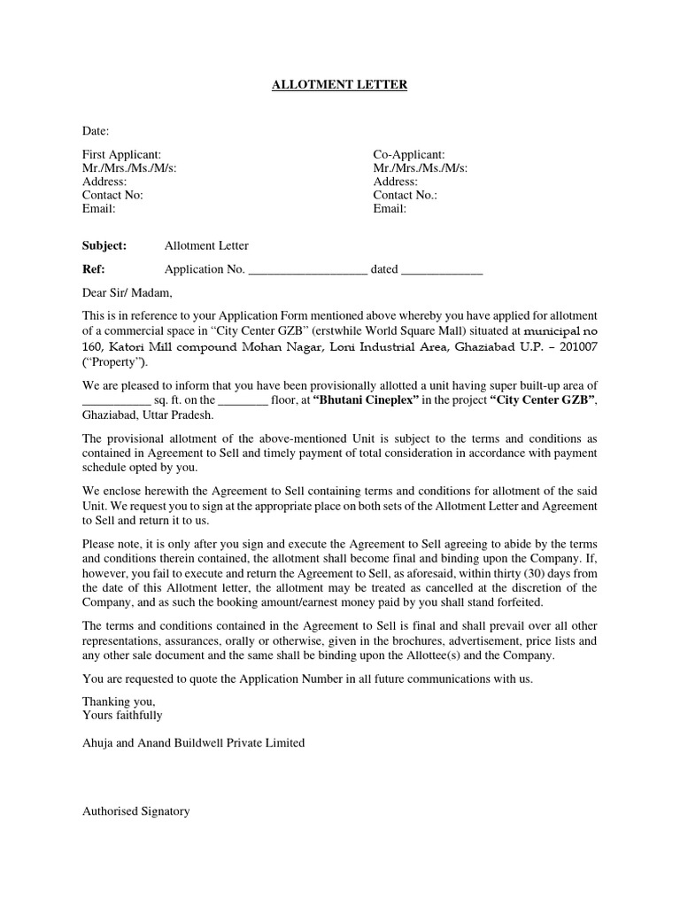 Allotment Letter-cum-ATS - City Center GZB | PDF | Indemnity | Cheque