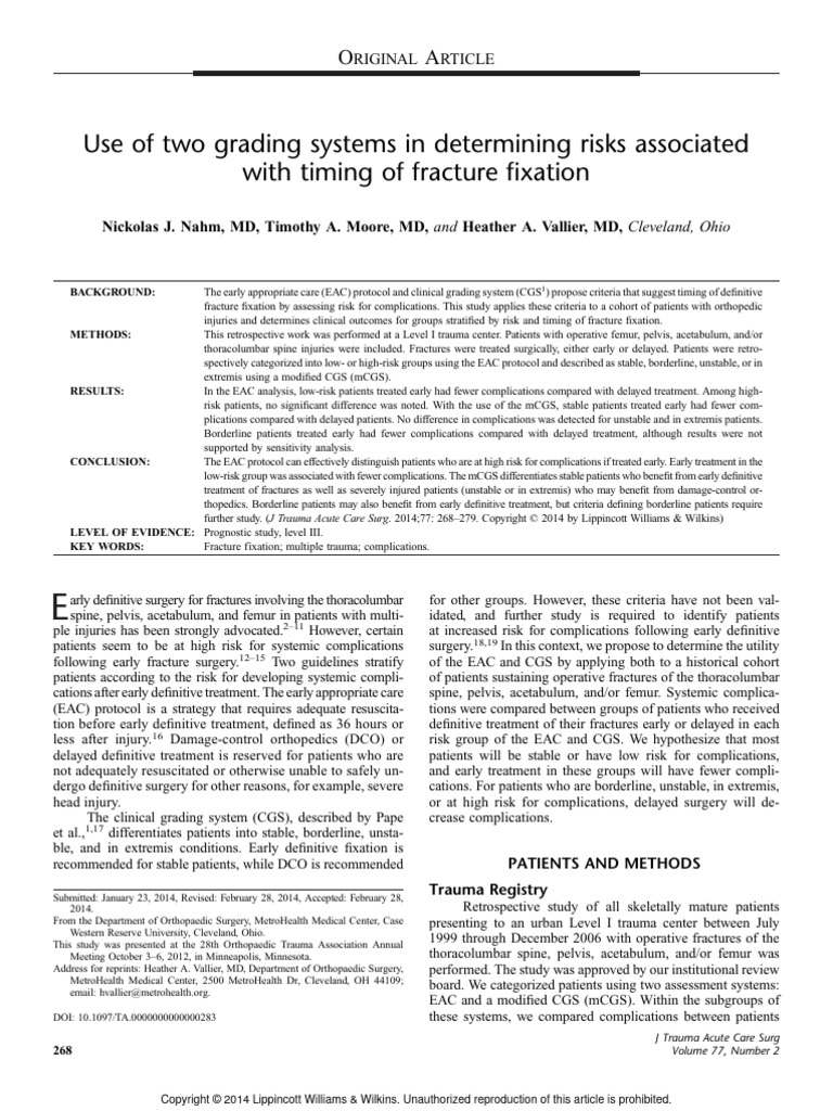 Use of Two Grading Systems in Determining Risks Associated With Timing ...