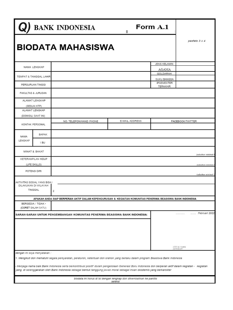 Form A1 Beasiswa Bank Indonesia | PDF