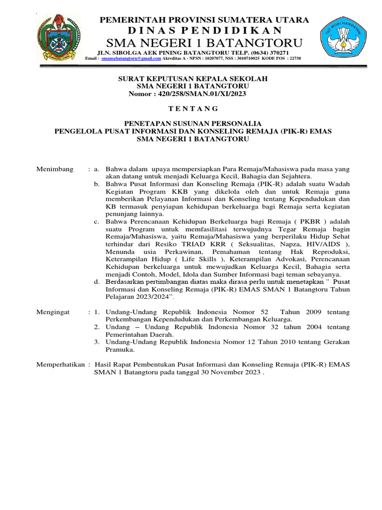 SK - Pik R Emas Sman 1 Batangtoru Periode 2023-2024 | PDF