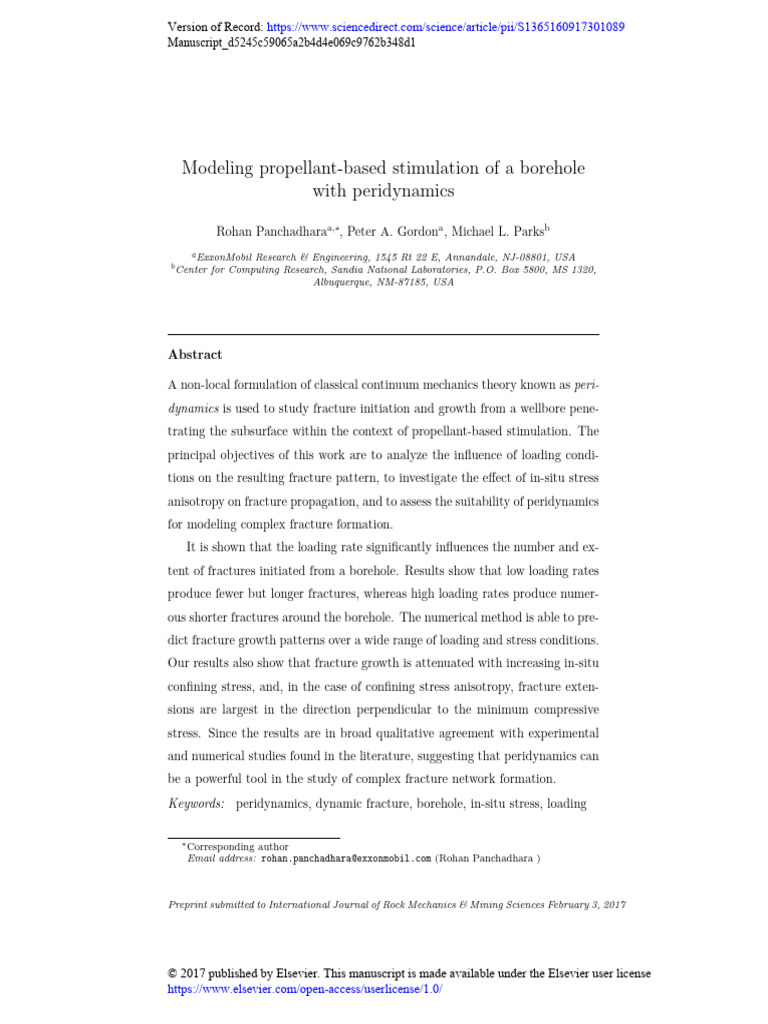 Modeling Propellant Based Stimulation Of A Borehole With Peridynamics Pdf Fracture Finite