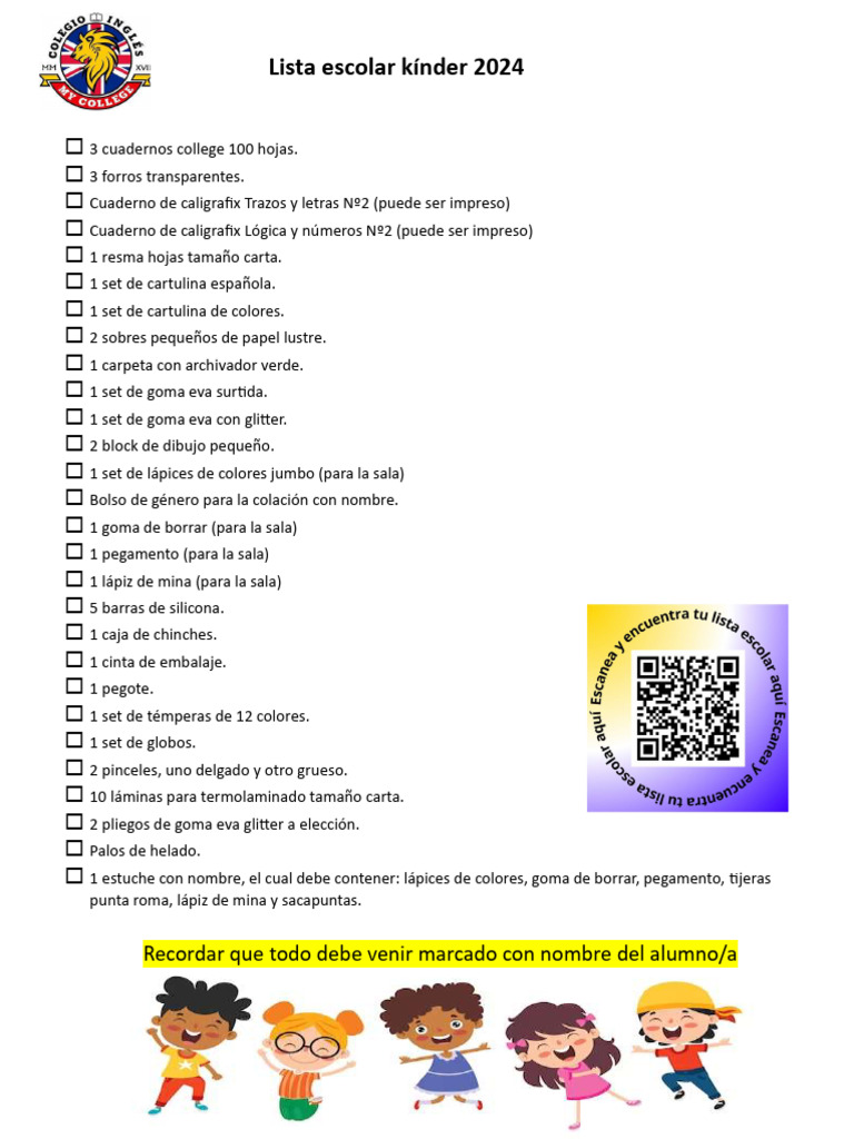 Lista de Útiles Escolares Kinder 2024 | PDF | Hogar, jardinería y bricolaje