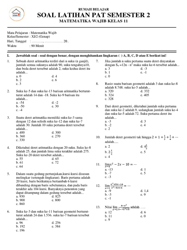 Soal Latihan PAT MATWA KELAS 11 | PDF