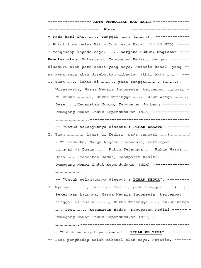 Pembagian Hak Waris Tanah Kediri | PDF