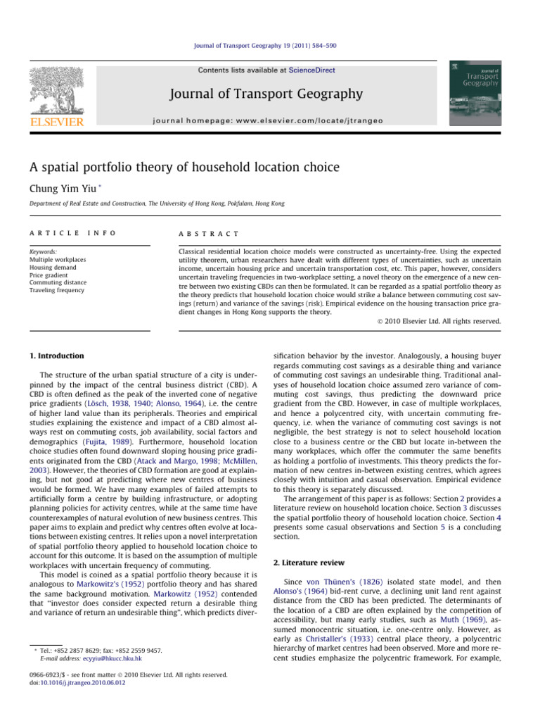 A Spatial Portfolio Theory of Household Location Choice | PDF | Modern ...