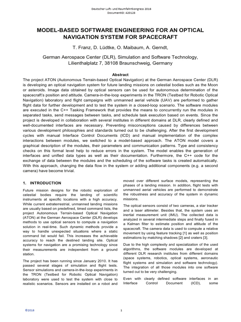 Model-based software engineering for an optical navigation system for spacecraft | PDF