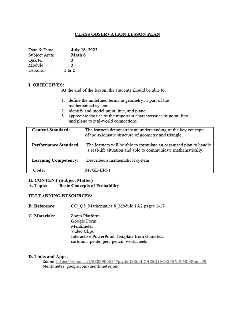 2022 LESSON PLAN IN MATH 8-2ND C0-With ANNOTATIONS | PDF | Learning ...
