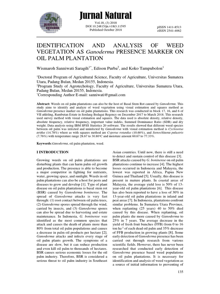 Jurnal Nasional 2018 - Identification and Analysis of Weed Vegetation As Ganoderma Presence ...
