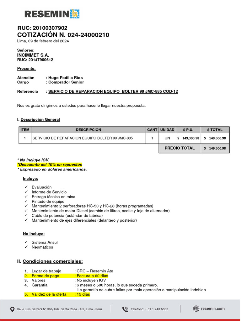 Cot. 024-24000210 Serv. Rep. Bolter 99 JMC-885 - Incimmet Rev5 | PDF ...