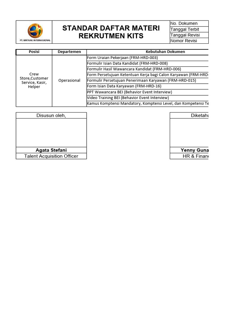 STD HRD 007 Standar Daftar Materi Rekrutmen Kits Desentraslisasi | PDF | Karier & Perkembangan