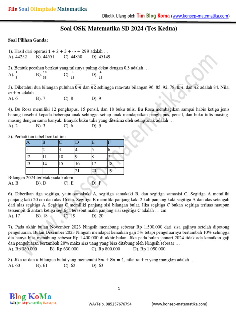 2024 Soal Osk Matik Sd Konsep Matematika Com Tes Kedua Pdf