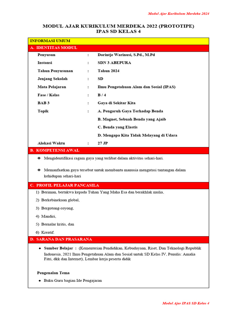 Modul Ajar IPAS SD Kelas 4 2024 | PDF