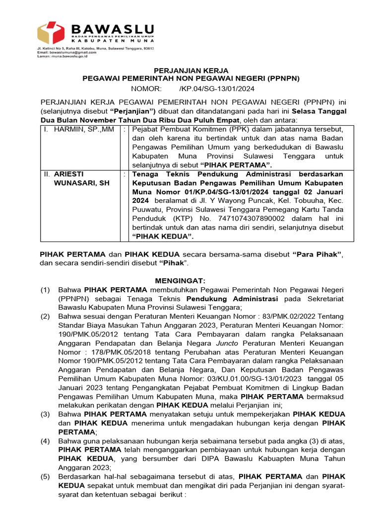 Surat Perjanjian Kerja 2024 Muliadi | PDF