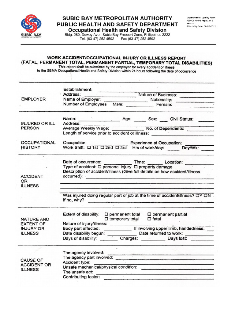 D - Work Accident-Occupational Injury or Illness Report (Fatal ...